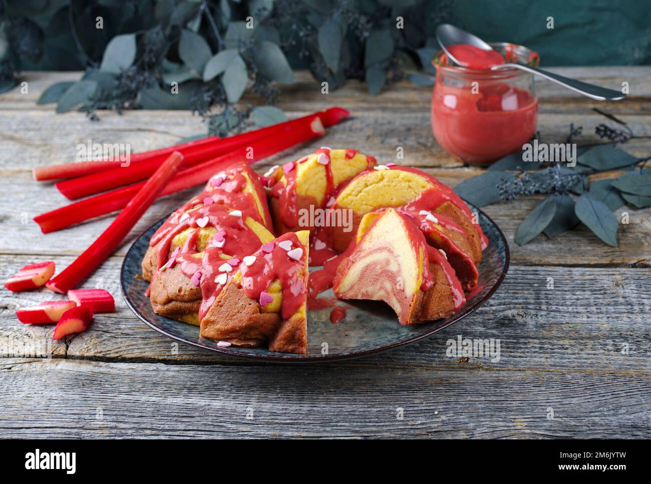 Traditional bundt cheese pudding cake with rhubarb curd and custard ...