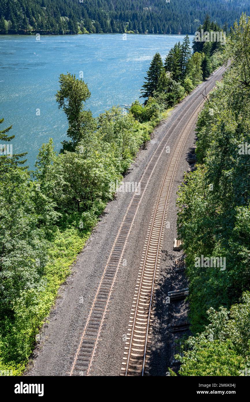 Scenic summer landscape with a winding mountain railroad trail going ...