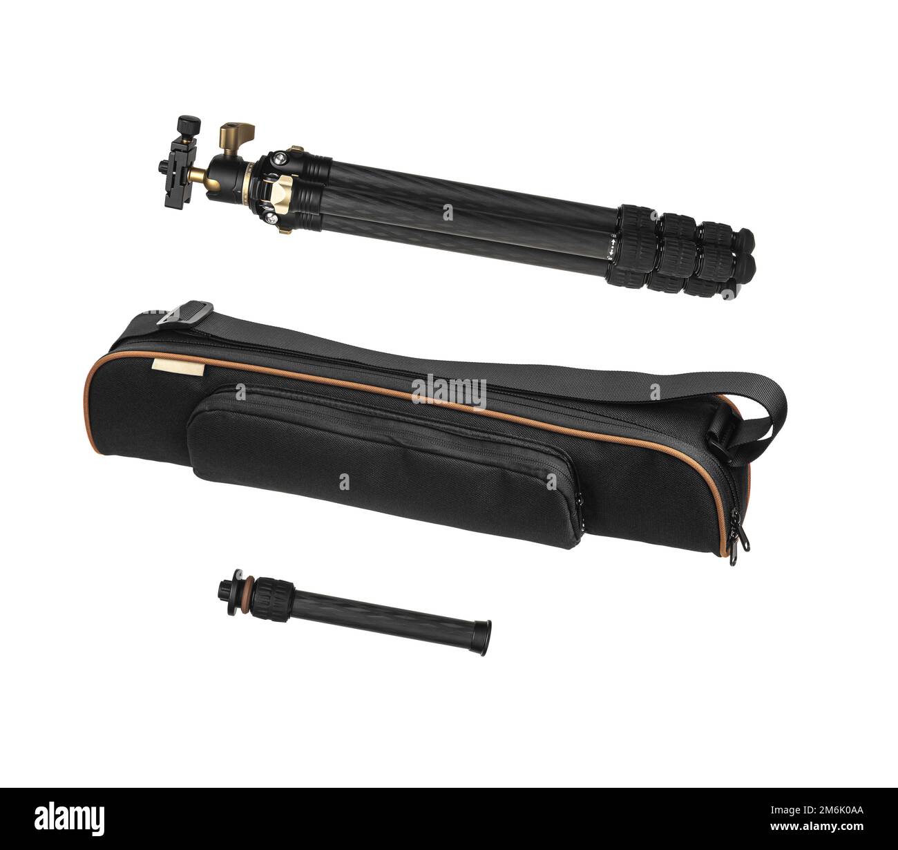 A small modern lightweight carbon tripod with a case for storage and ...