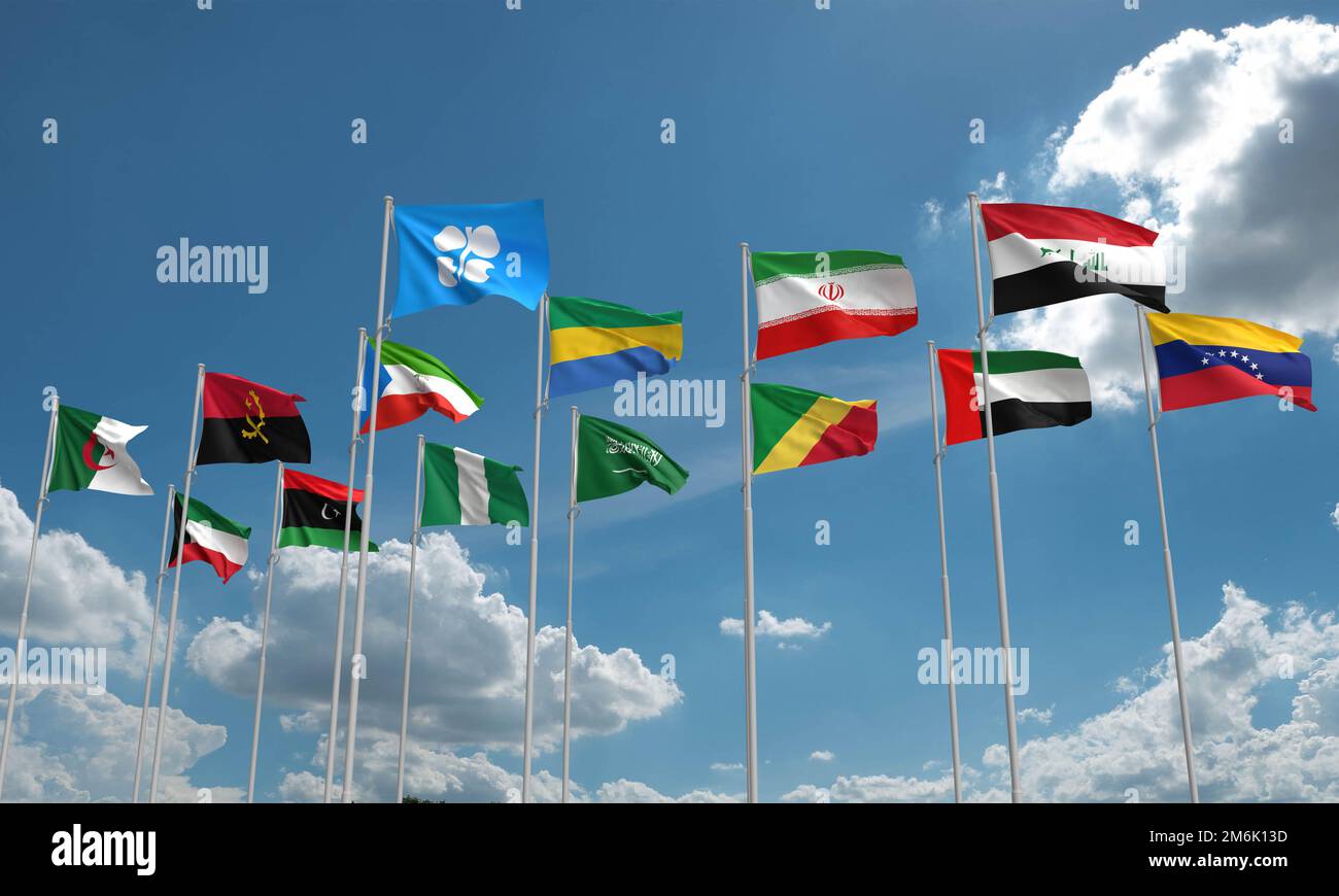 Group country national opec plus flag waving blue sky cloudy business ...