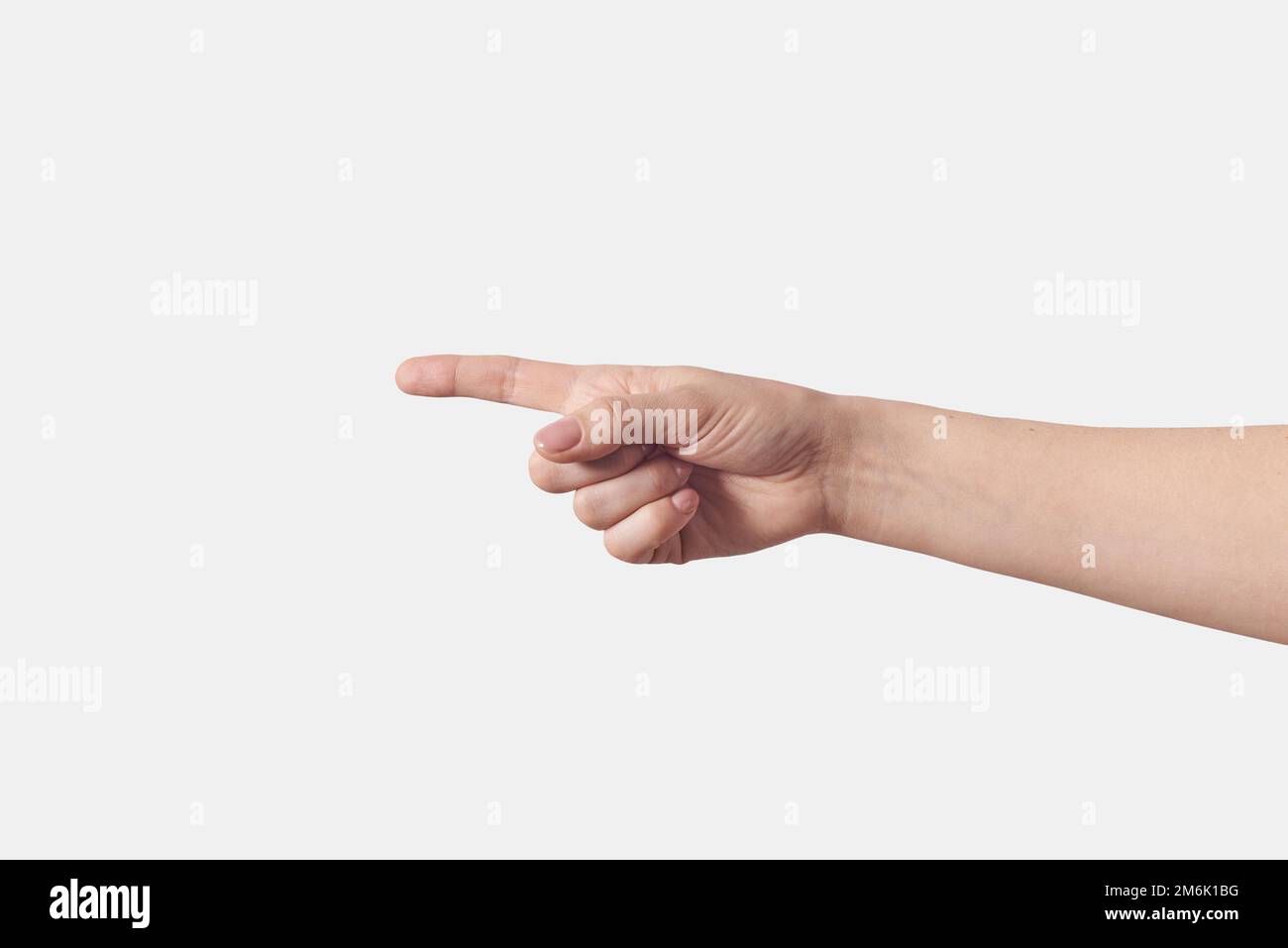 Pointing woman right hand isolated on white Stock Photo - Alamy