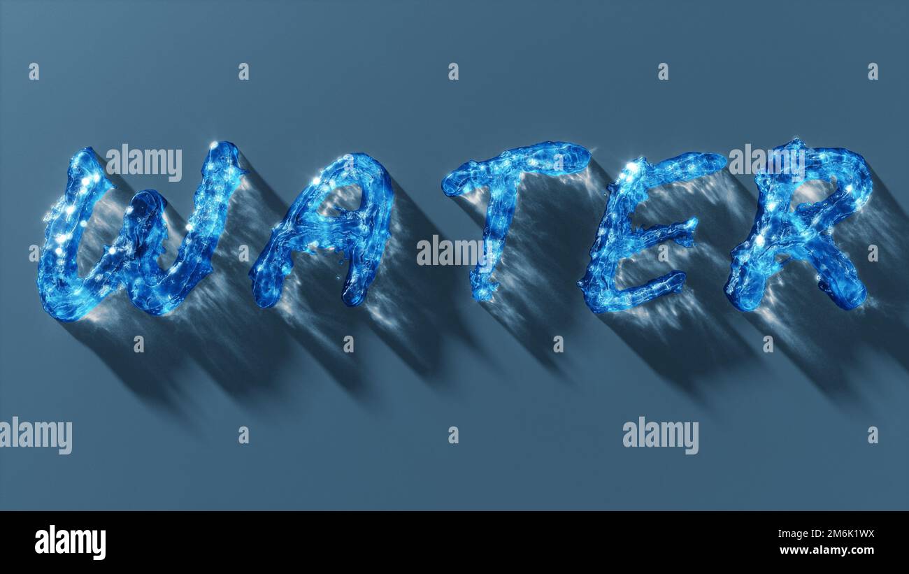 Shining bright blue word water from a liquid substance on a gray-blue ...