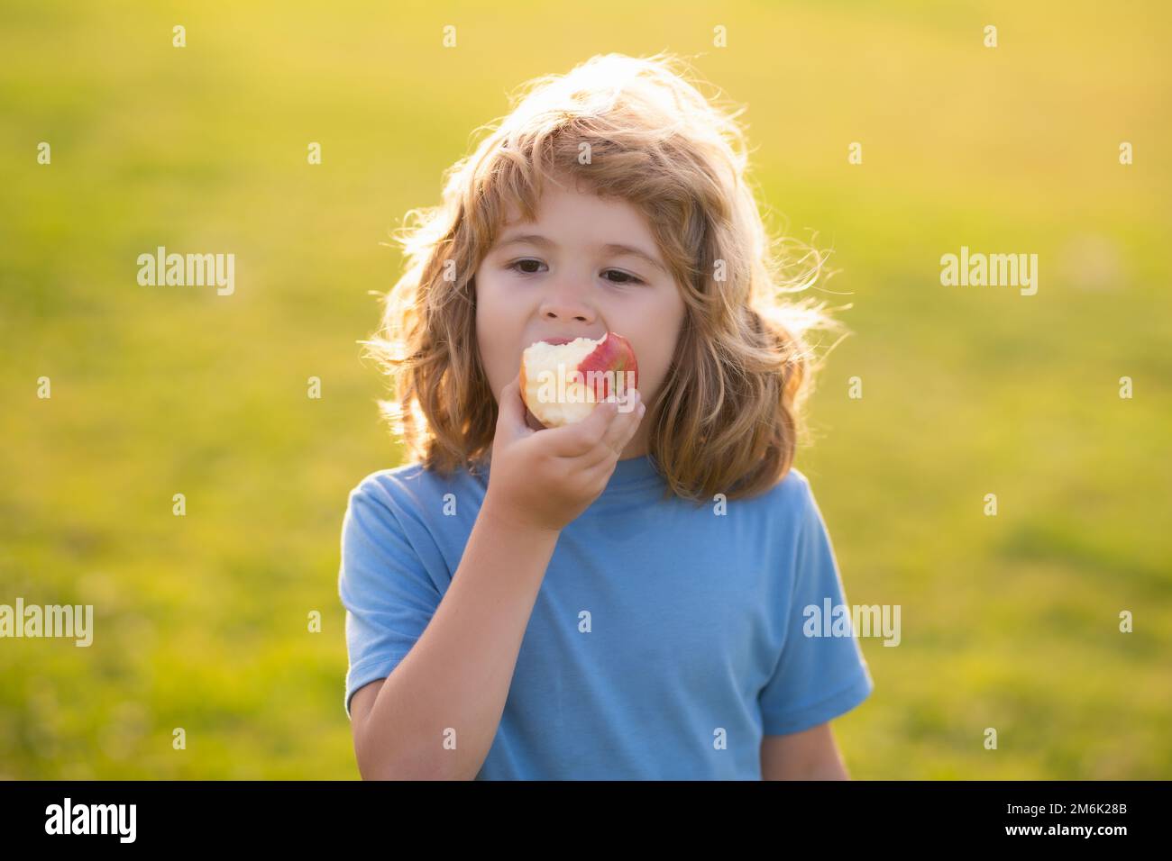 Child with apple outdoor. Boy eating fruits apples. Kid picking apples ...