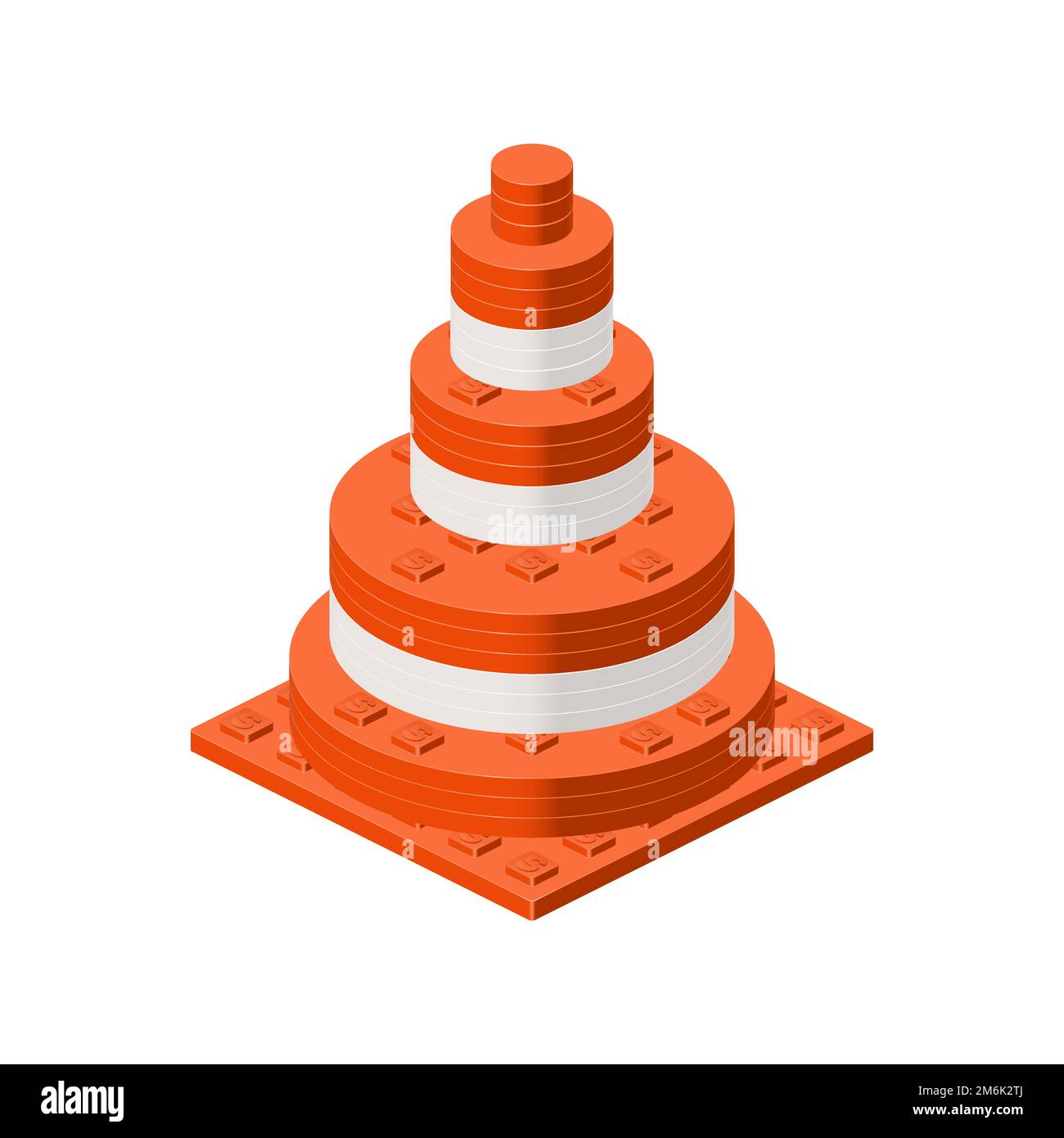 Bright traffic cone made up of plastic blocks on a white background in ...