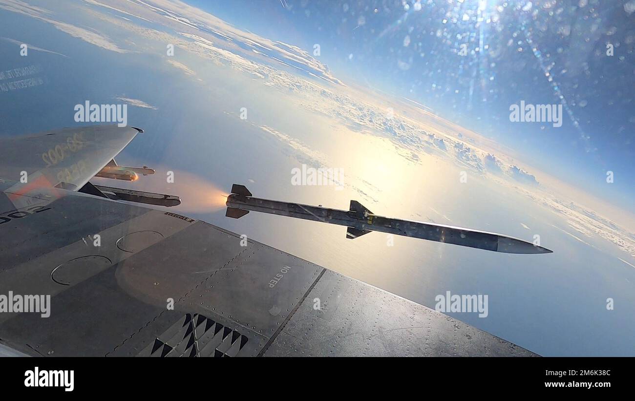 Flying locally over the Gulf of Mexico, two F-15EX Eagle II aircraft ...