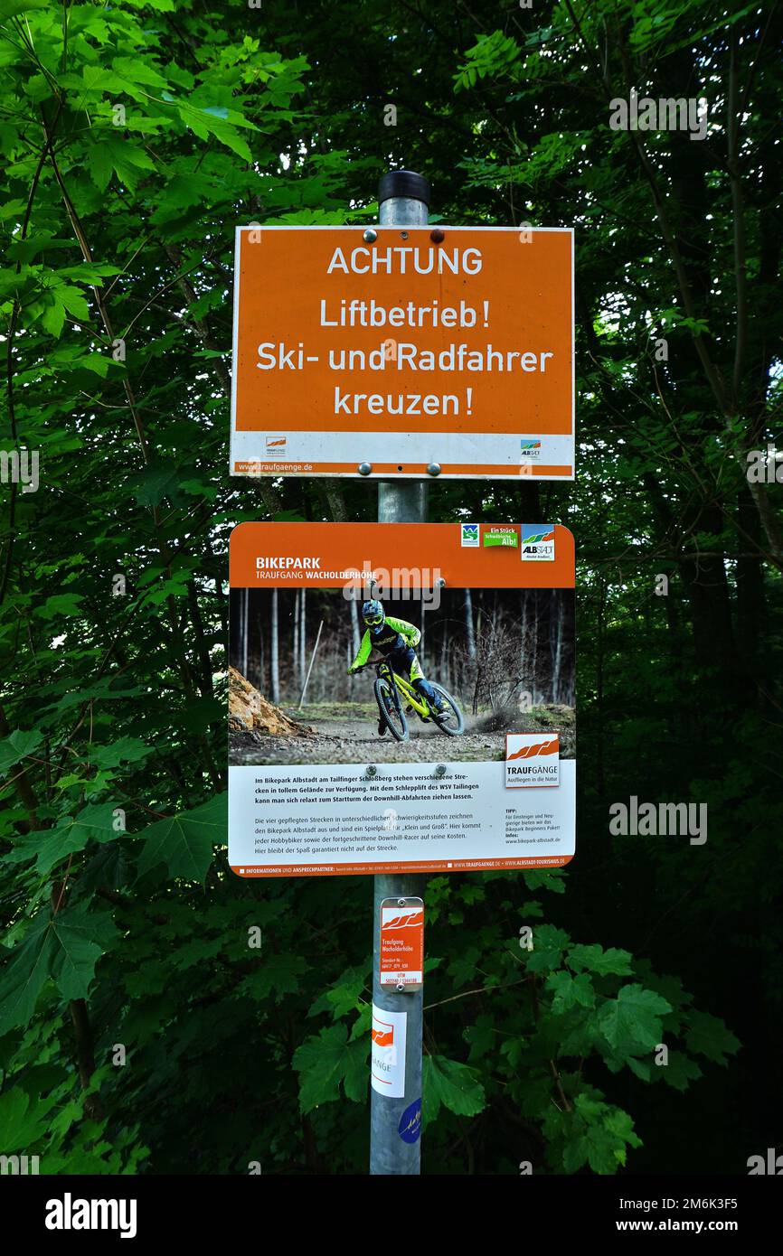 Information sign for lift operation for skiers and cyclists Stock Photo ...