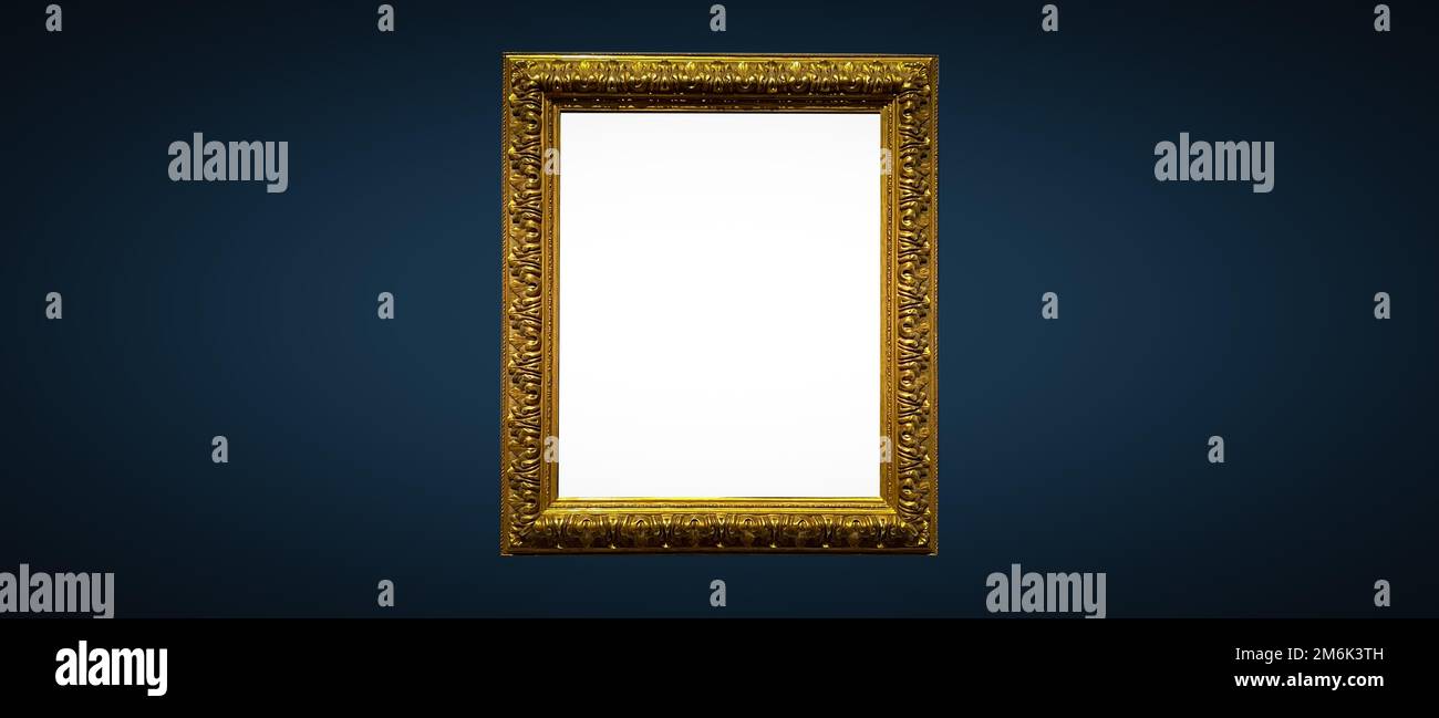Antique art fair gallery frame on royal blue wall at auction house or ...