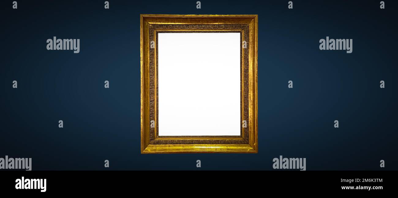Antique art fair gallery frame on royal blue wall at auction house or ...