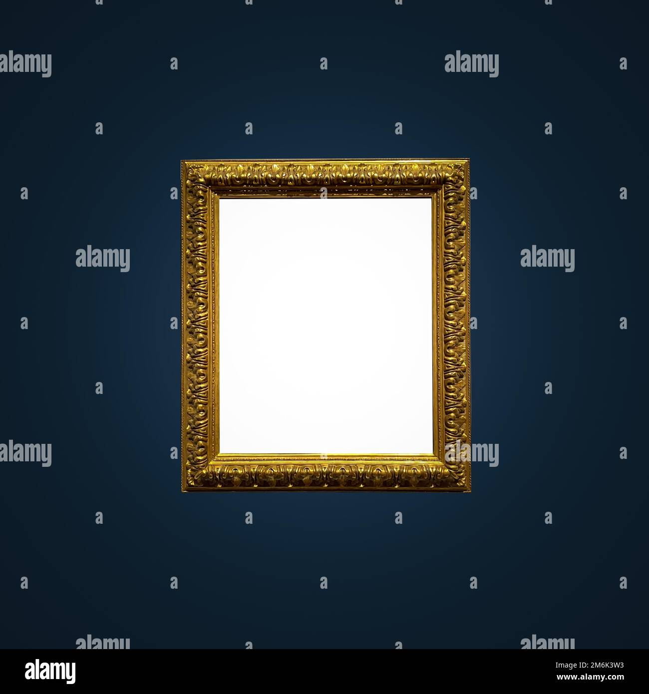 Antique art fair gallery frame on royal blue wall at auction house or ...