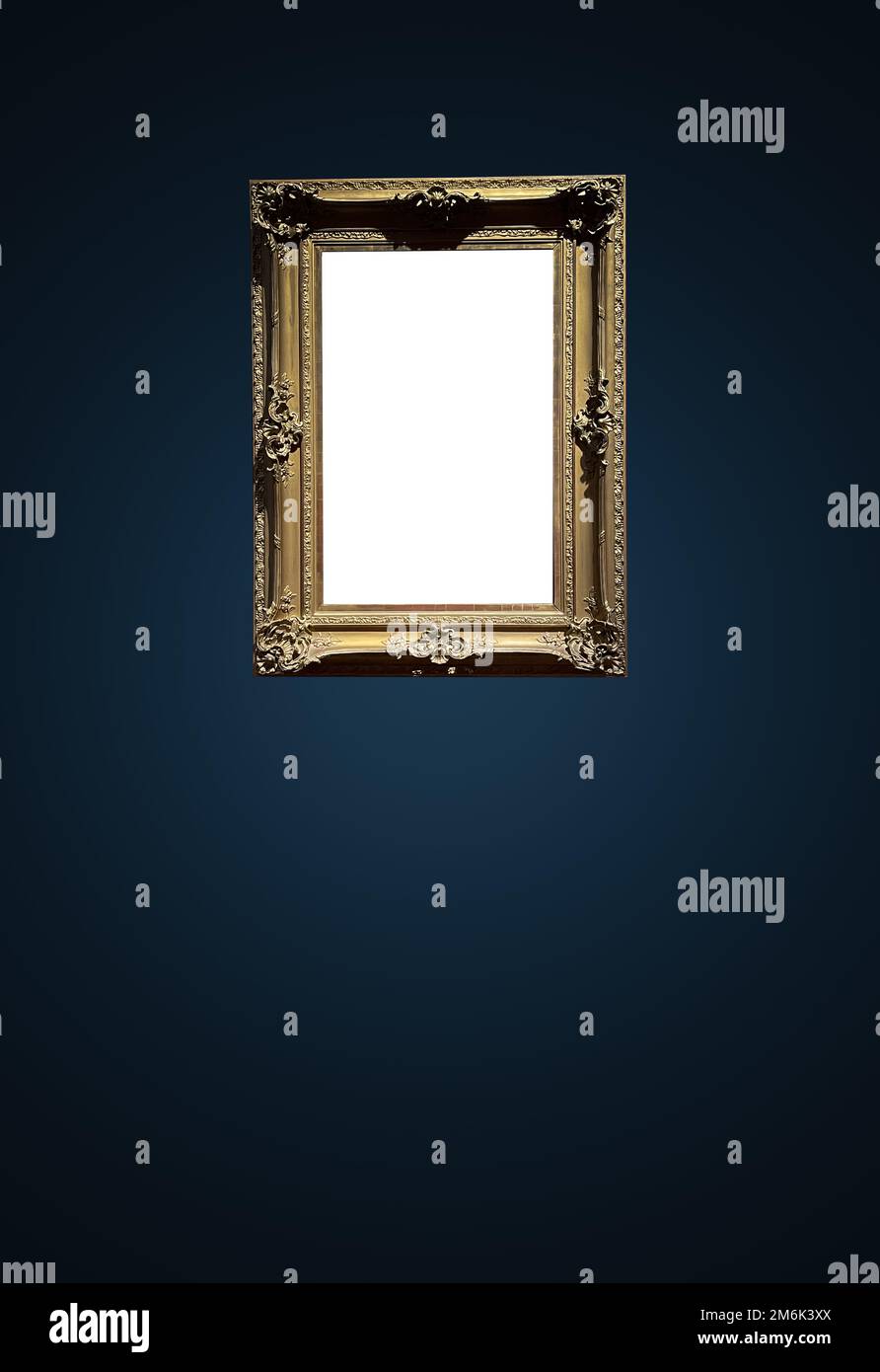 Antique art fair gallery frame on royal blue wall at auction house or ...