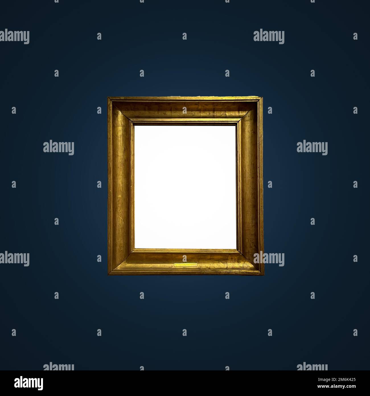 Antique art fair gallery frame on royal blue wall at auction house or ...