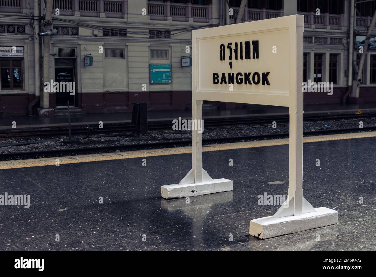 A signboard at the Bangkok central train station in Thailand during ...