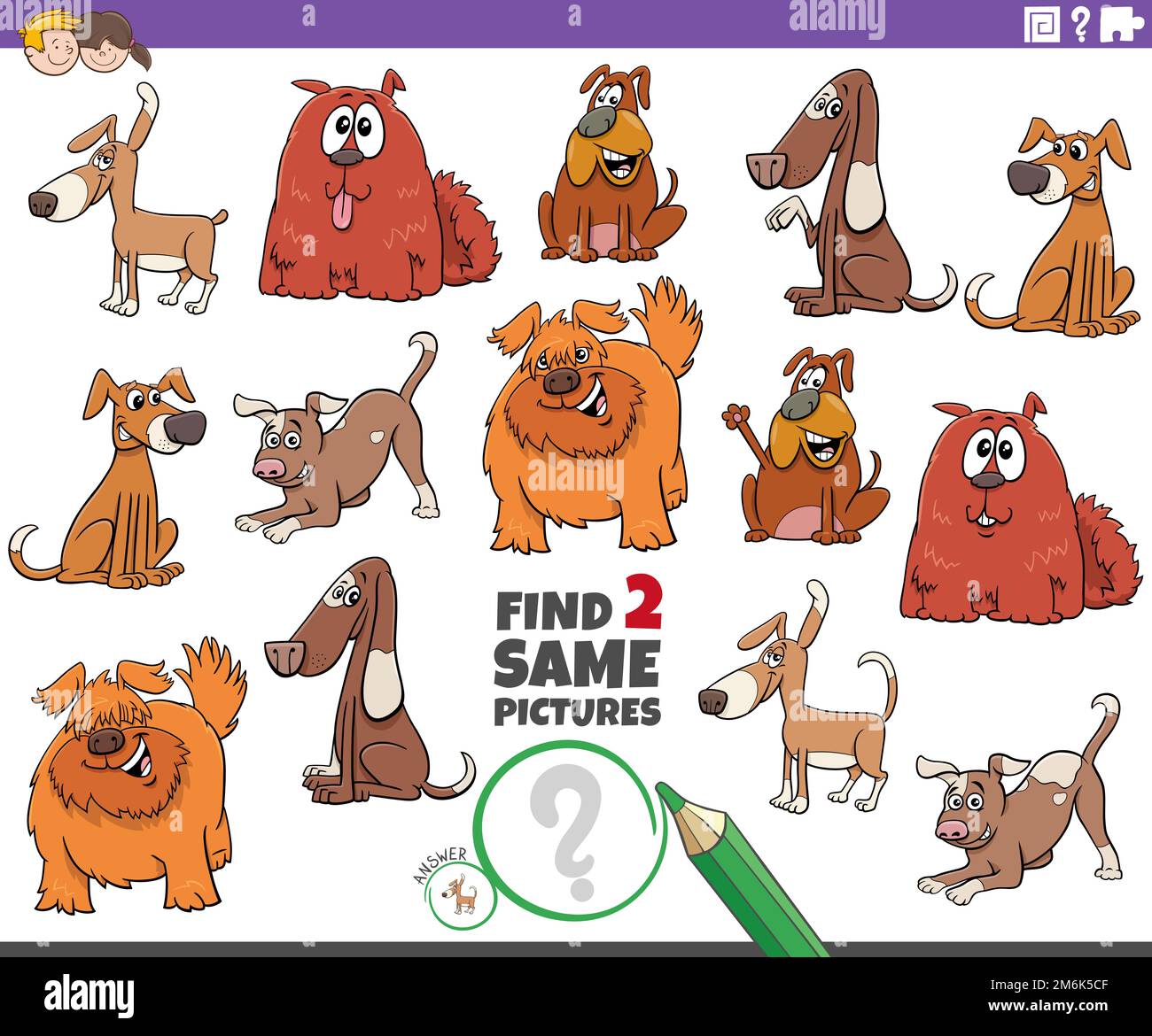 Find two same cartoon dog characters educational task Stock Photo - Alamy