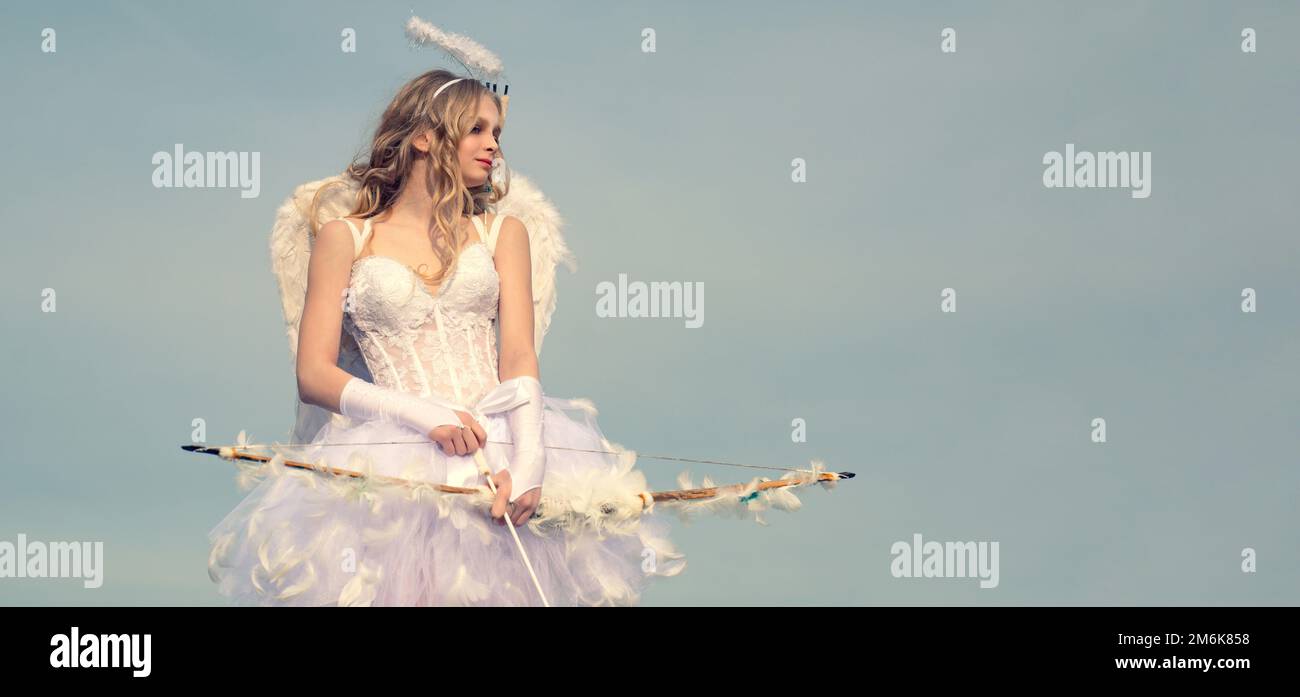 Cupid cute angel with bow and arrows. Banner. Angel teenager girl with ...