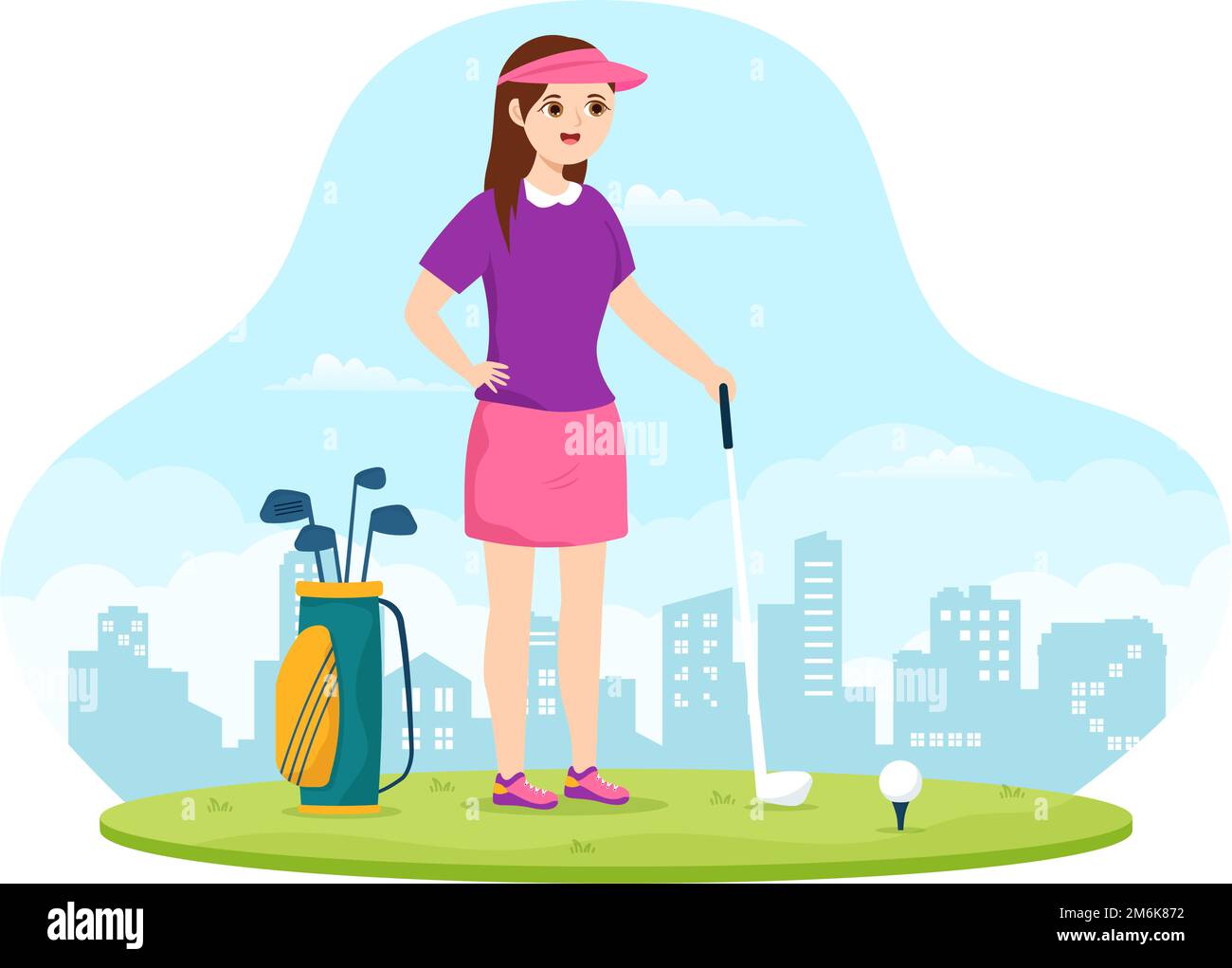 Golf Sport Illustration with Flags, Cart, Sticks, Green Field and Sand ...
