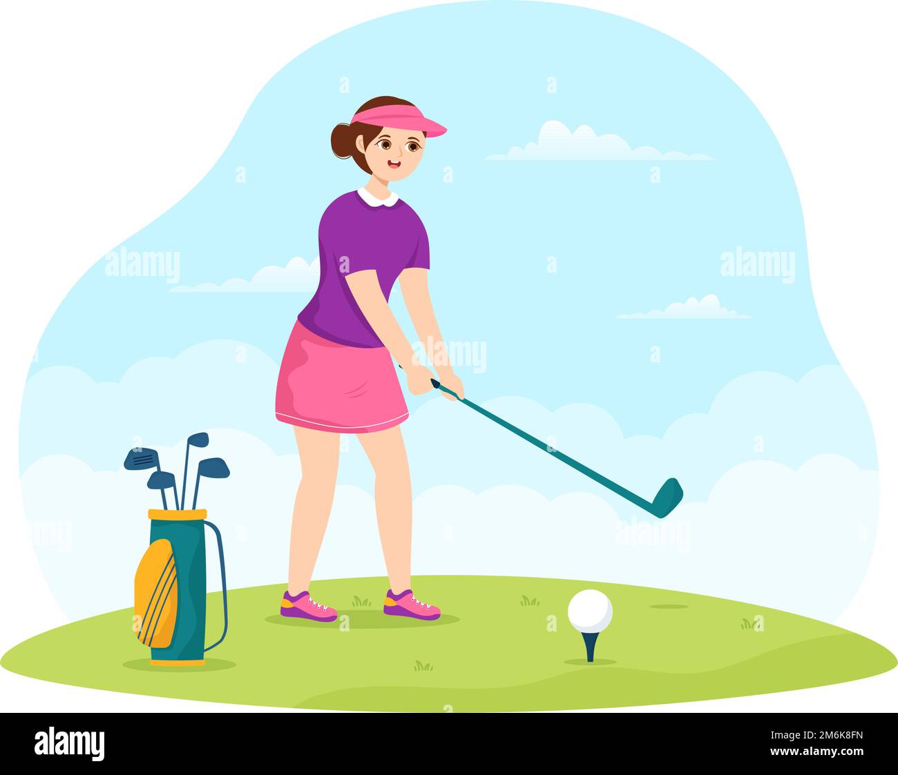 Golf Sport Illustration with Flags, Cart, Sticks, Green Field and Sand ...