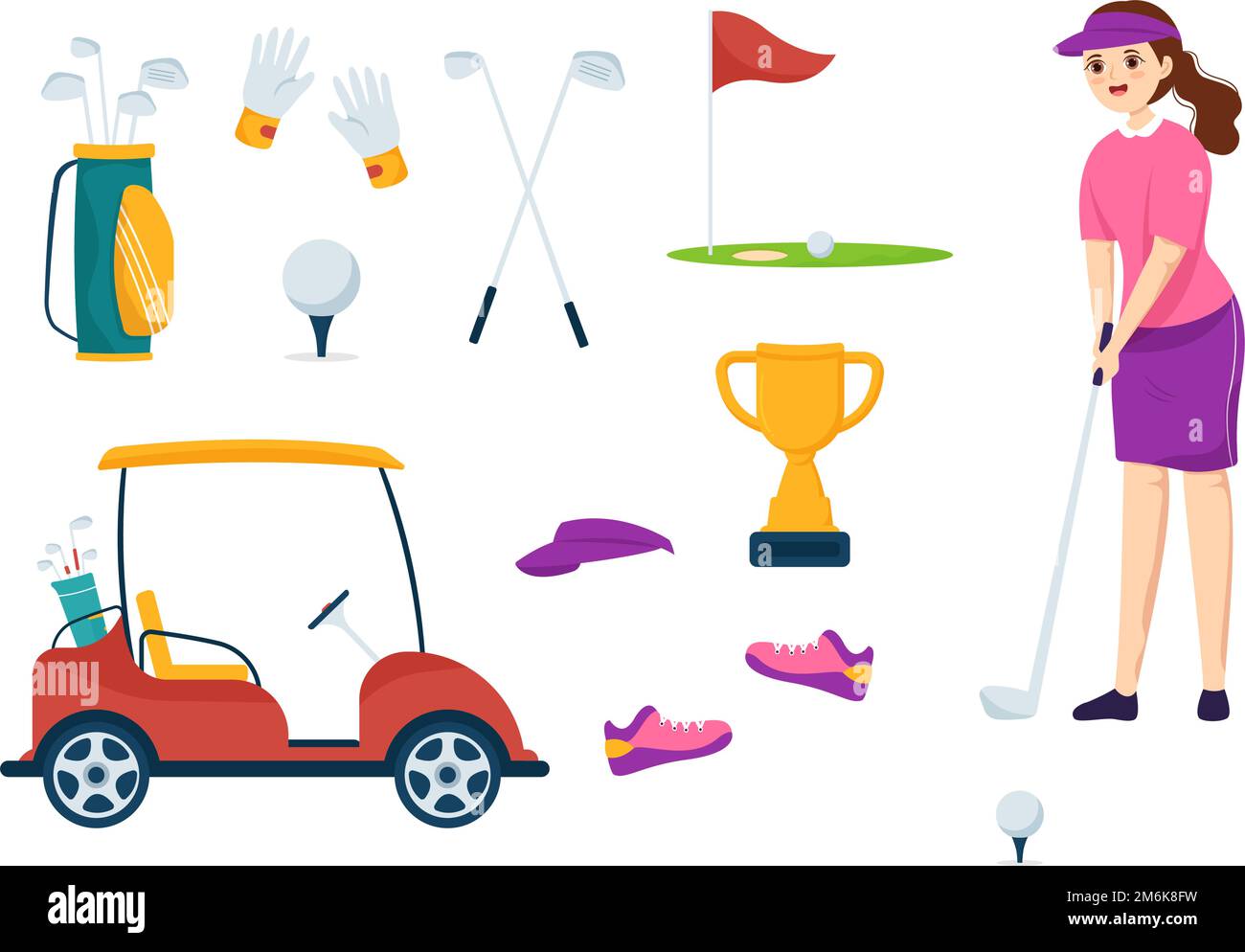 Golf Sport Illustration with Flags, Cart, Sticks, Green Field and Sand ...