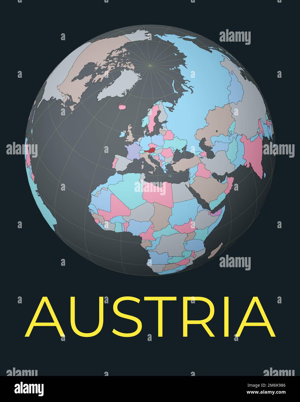 World map centered on Austria. Red country highlighted. Satellite world ...
