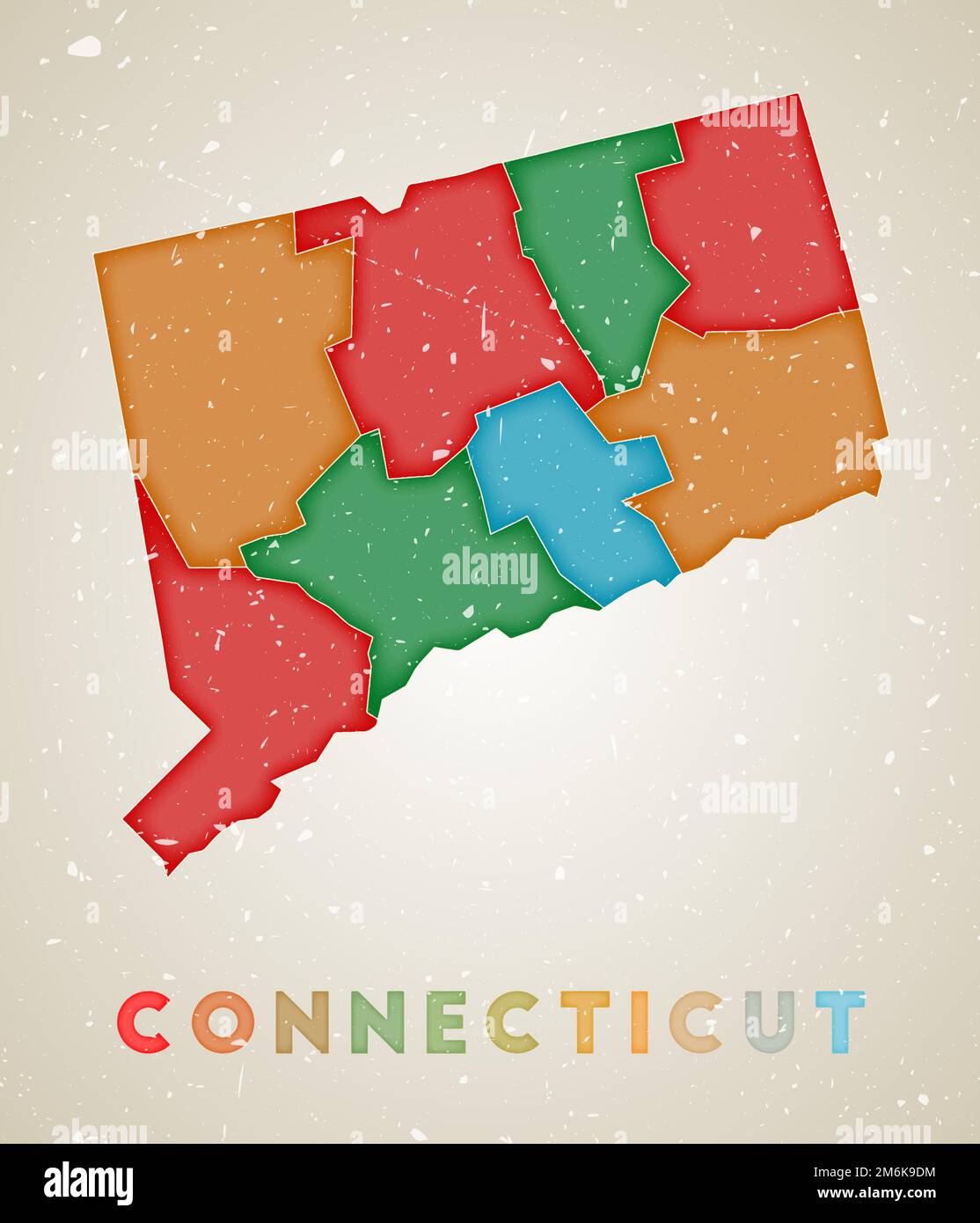 Connecticut map. US state poster with colored regions. Old grunge ...