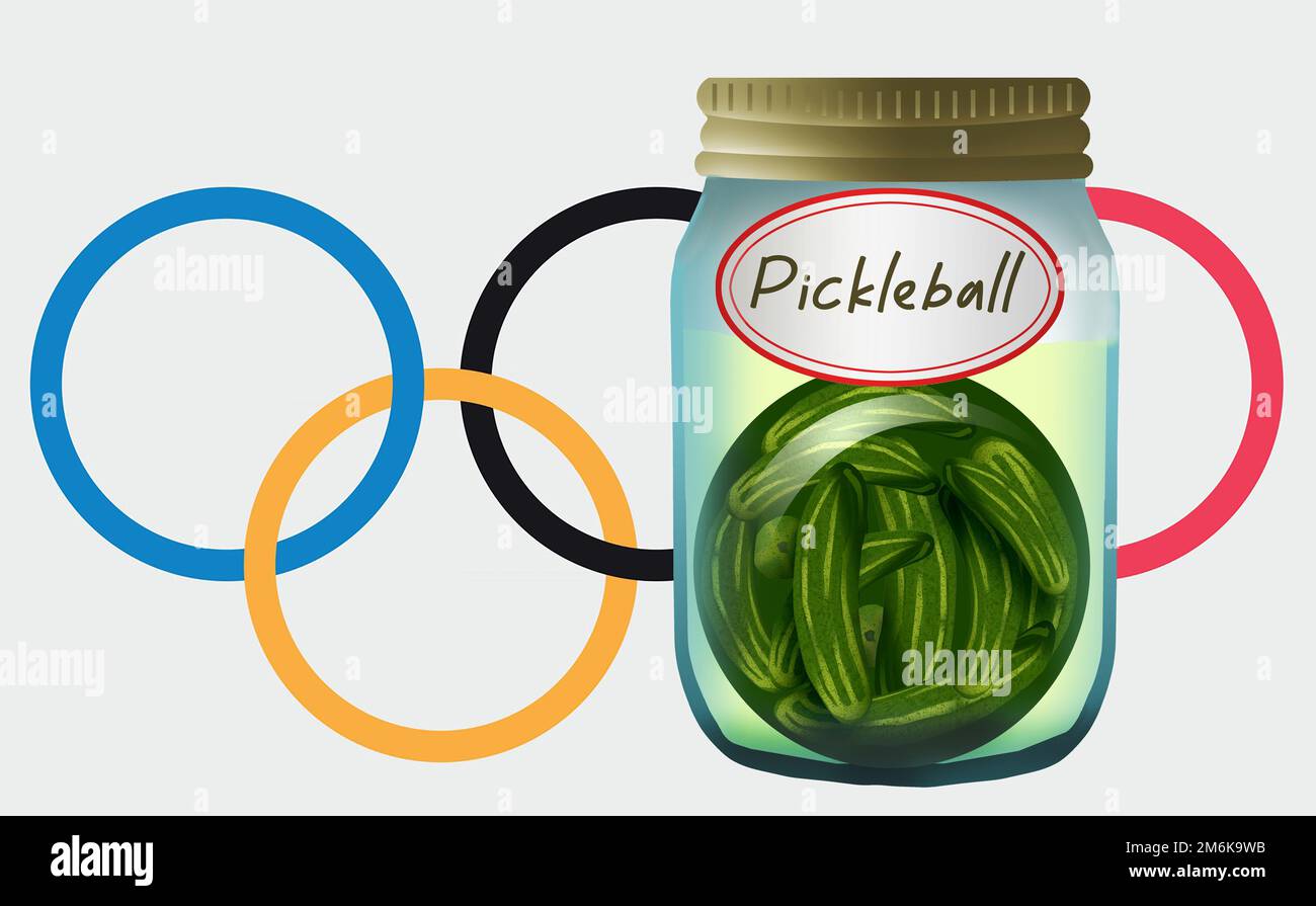 Pickleballs are seen in colors and position resembling the Olympic Games logo in this 3-d ...