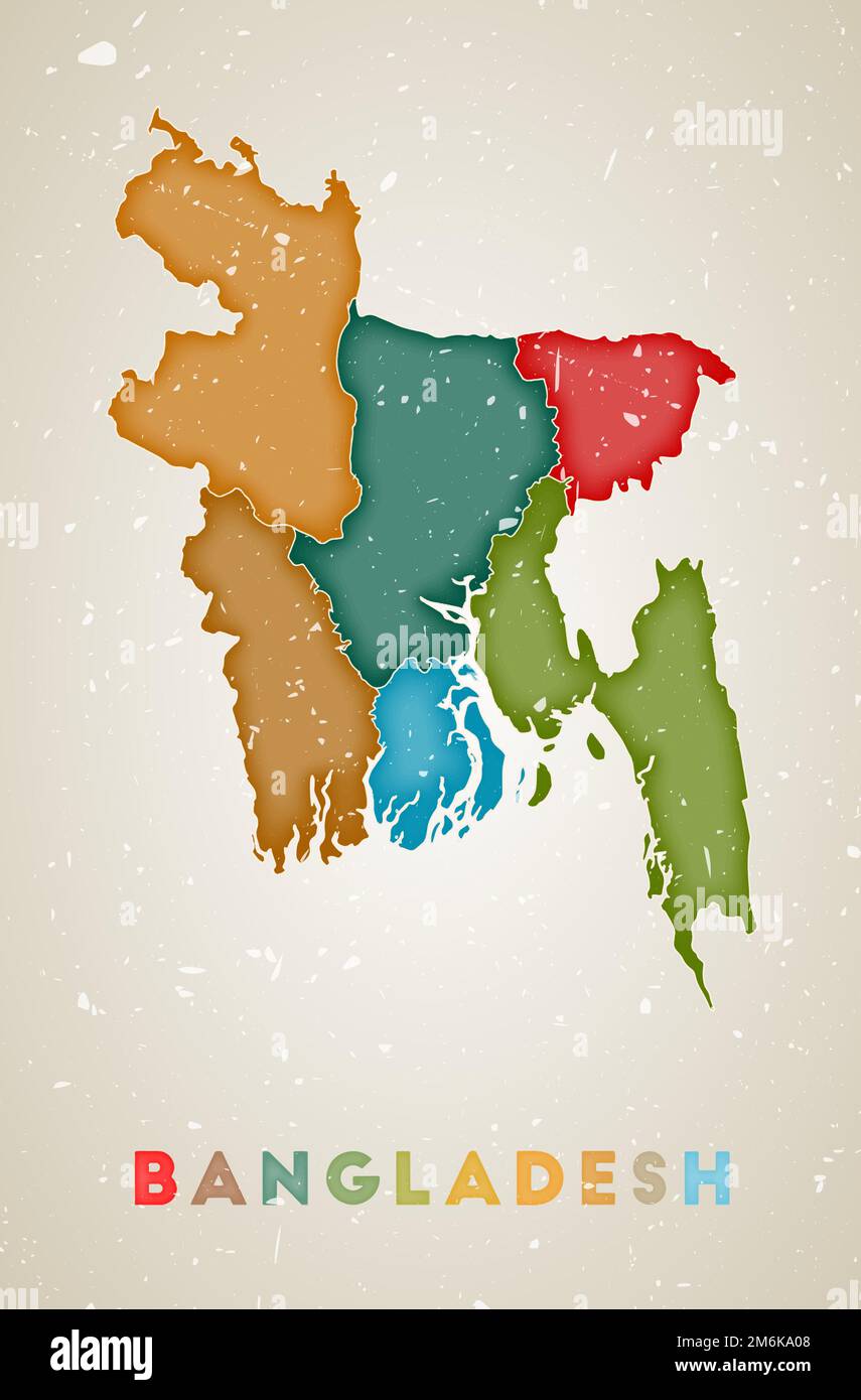 Bangladesh map. Country poster with colored regions. Old grunge texture ...