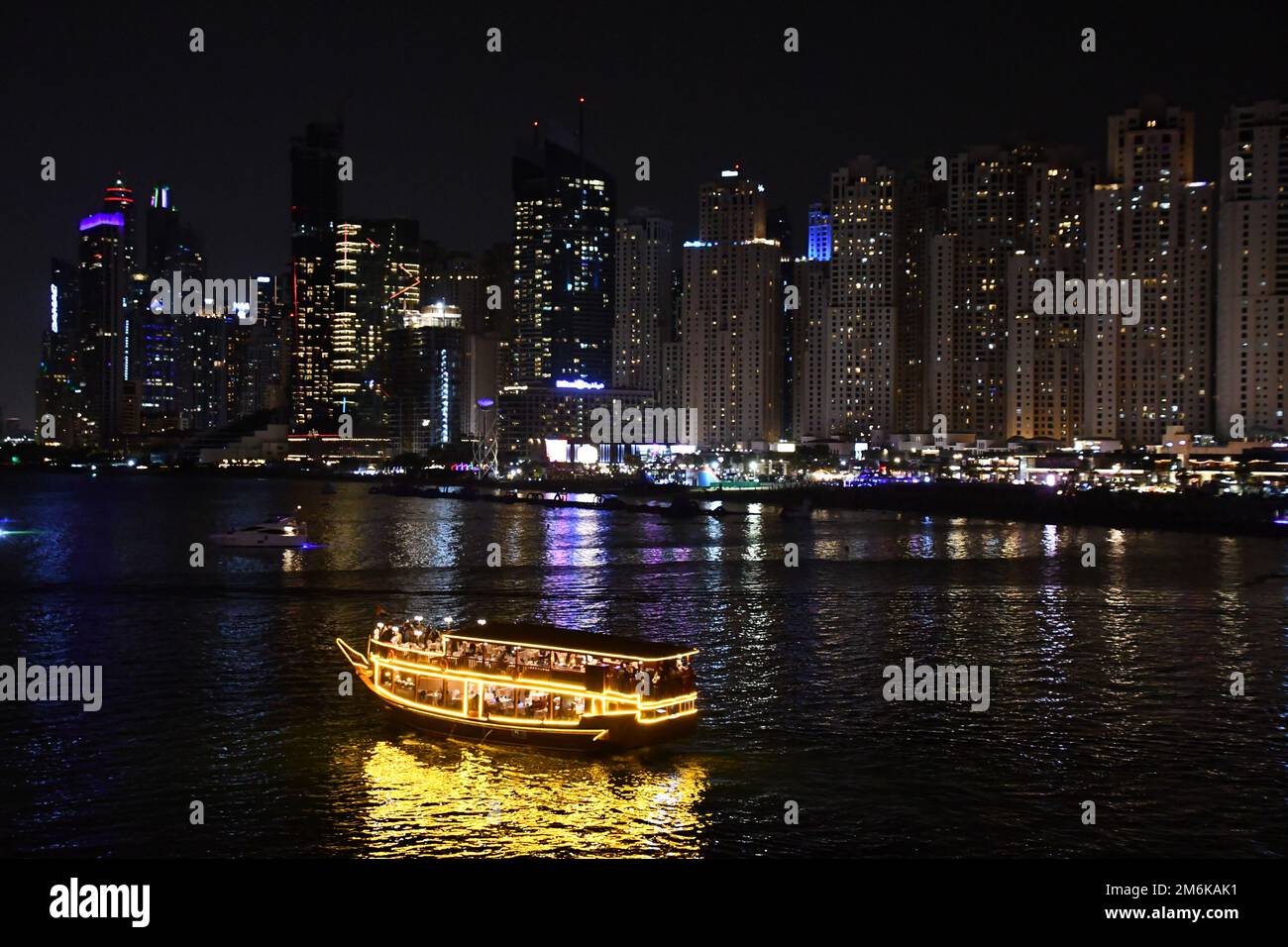 View of Jumeirah Beach Residence JBR at night, from Bluewaters Island ...