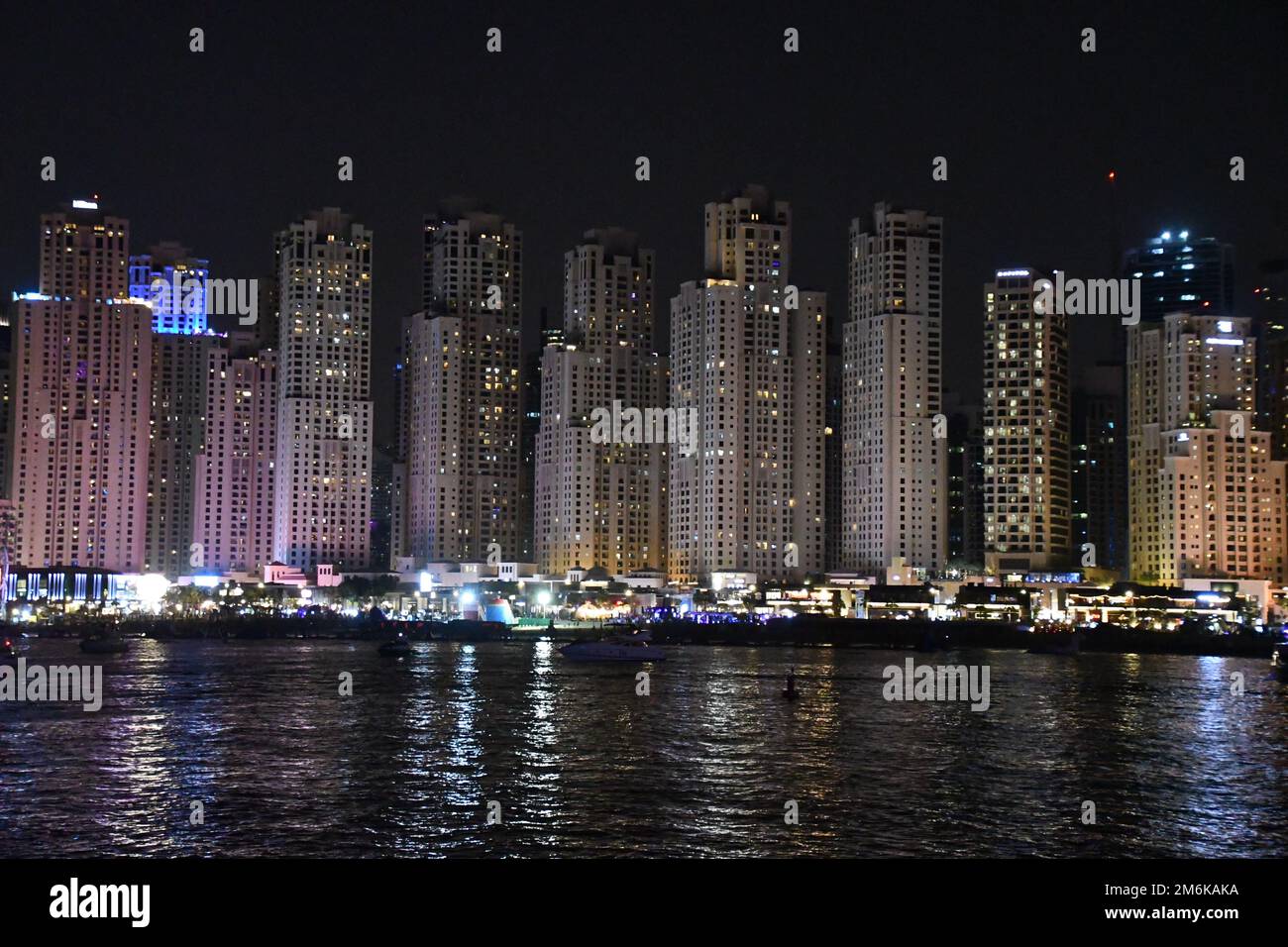 View of Jumeirah Beach Residence JBR at night, from Bluewaters Island ...
