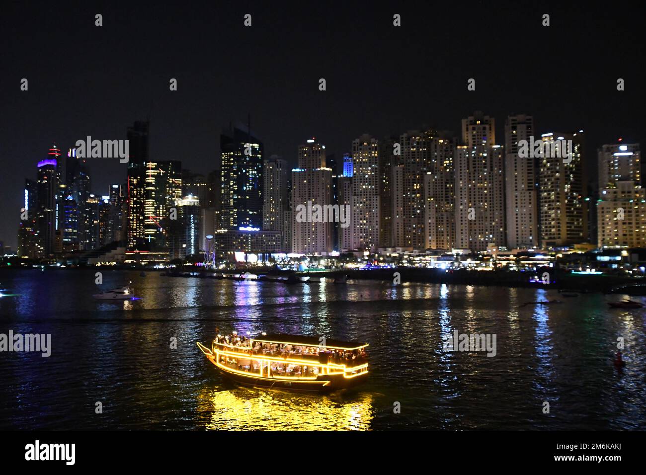 View of Jumeirah Beach Residence JBR at night, from Bluewaters Island ...