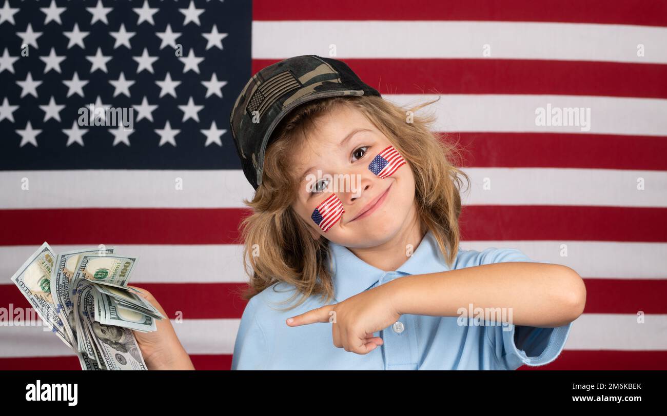 American money. Rich kid with dollars. Lottery cashback, win big money ...