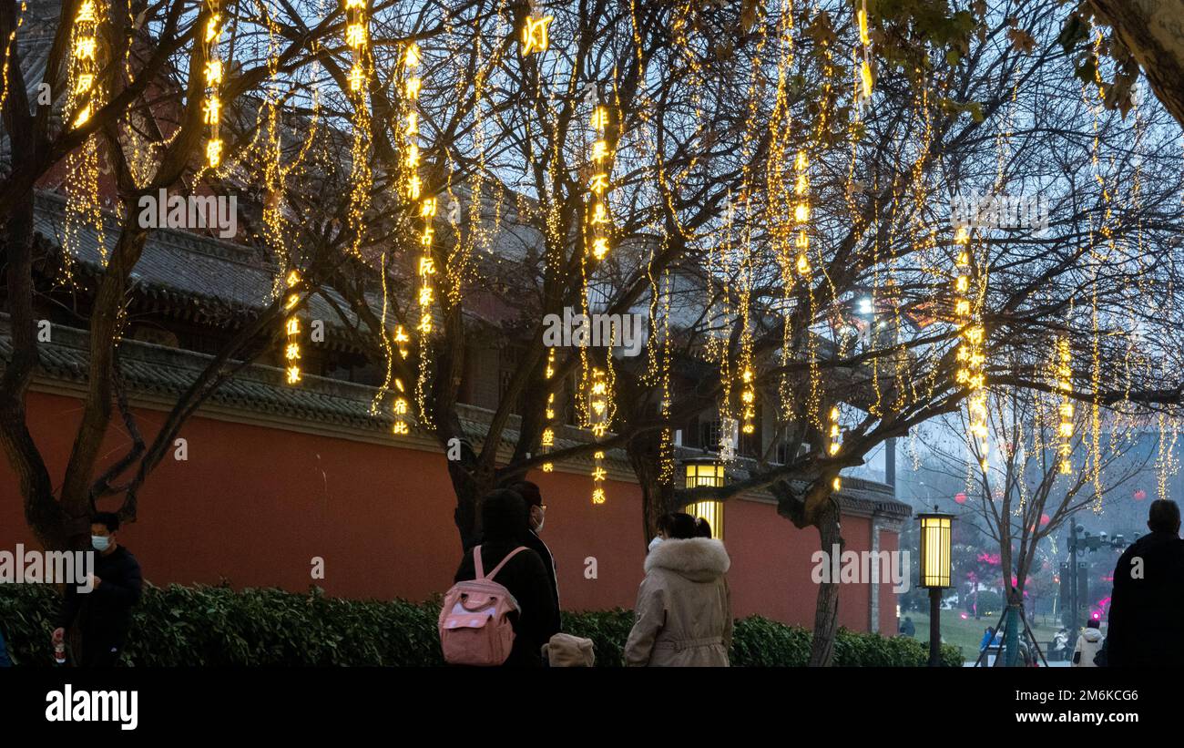 XI'AN, CHINA - JANUARY 4, 2023 - Glowing copybooks are seen on trees as ...