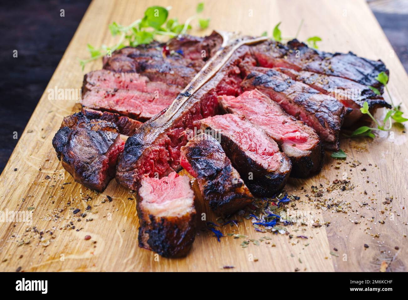 Modern style traditional barbecue dry aged wagyu porterhouse beef steak ...
