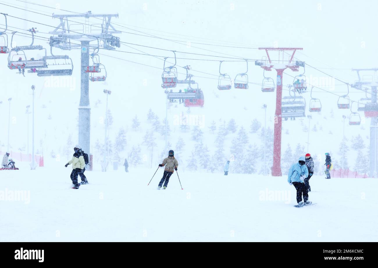 ALTAY, CHINA - JANUARY 4, 2023 - Tourists ski at the Jiangjun Mountain ...