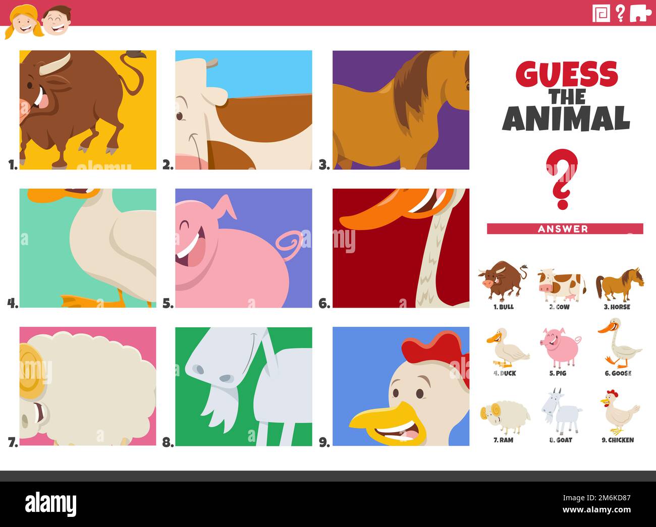 Guess cartoon animal characters educational game Stock Photo - Alamy