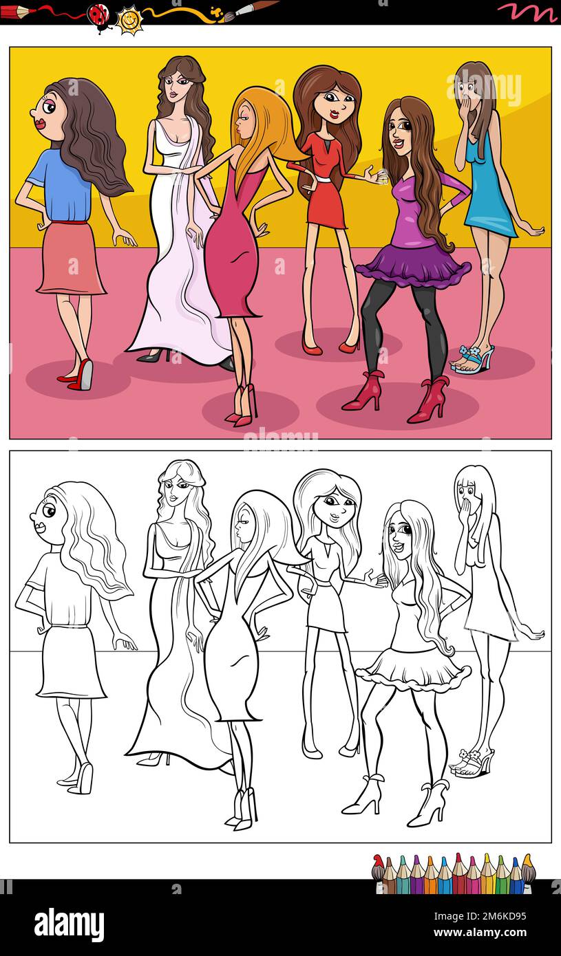 Comic beautiful girls or women group coloring page Stock Photo - Alamy