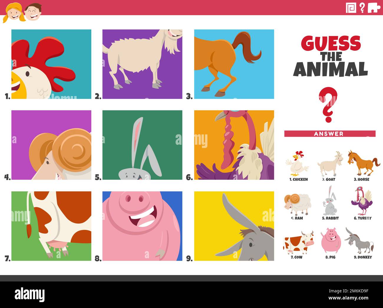 Cartoon illustration of educational game of guessing animal species ...
