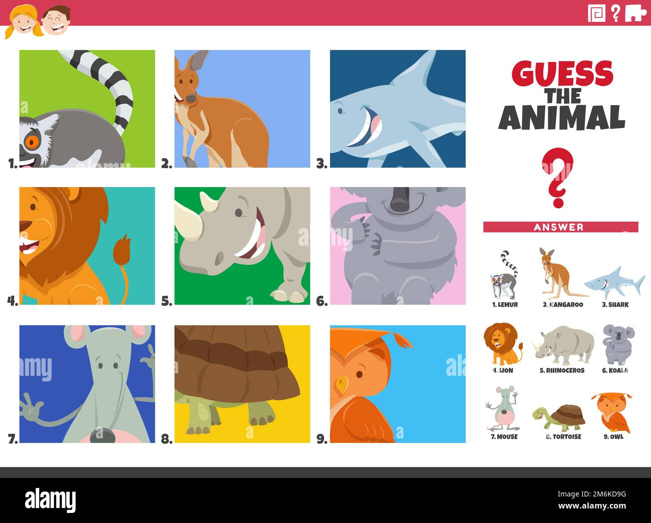 Guess cartoon animal characters educational task for children Stock Photo - Alamy