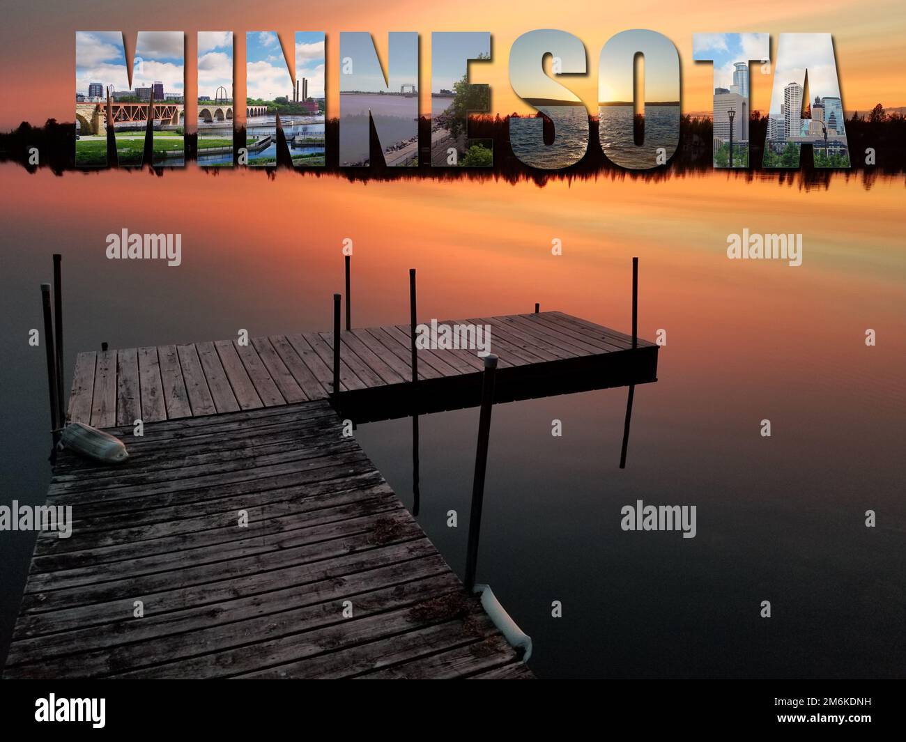 Text collage of Minnesota images over a lake and dock at sunset Stock ...