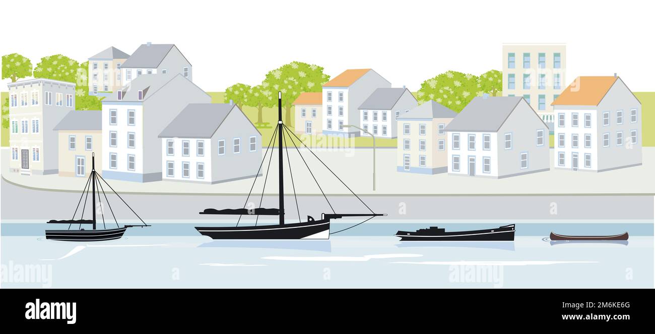 Ships in small port illustration Stock Photo - Alamy