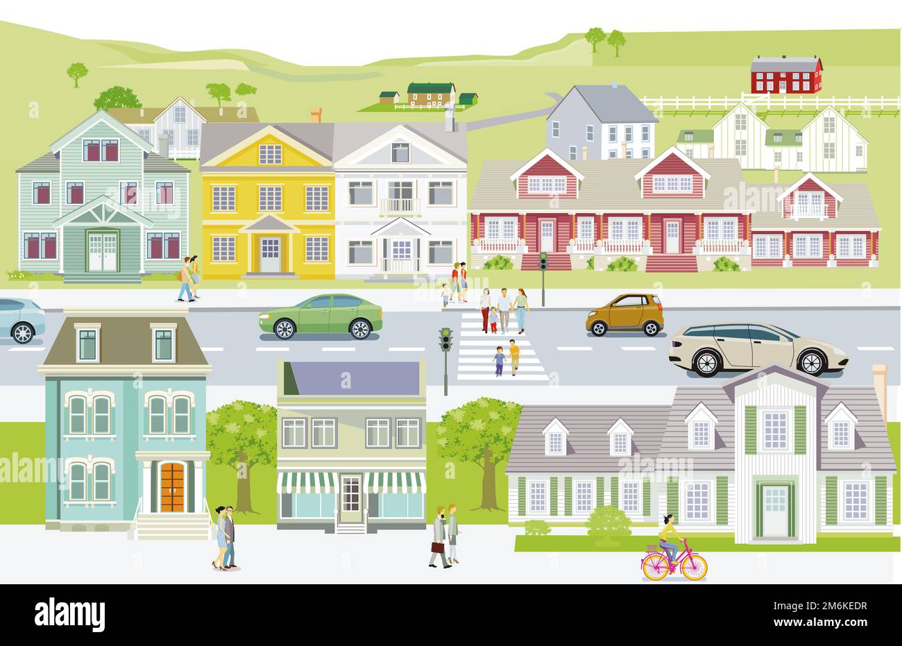 Street in small town, building exterior and traffic illustration Stock ...