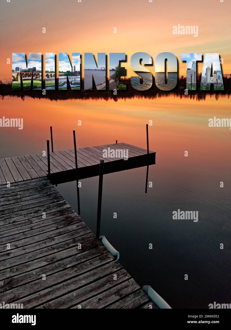 Text collage of Minnesota images over a lake and dock at sunset Stock ...