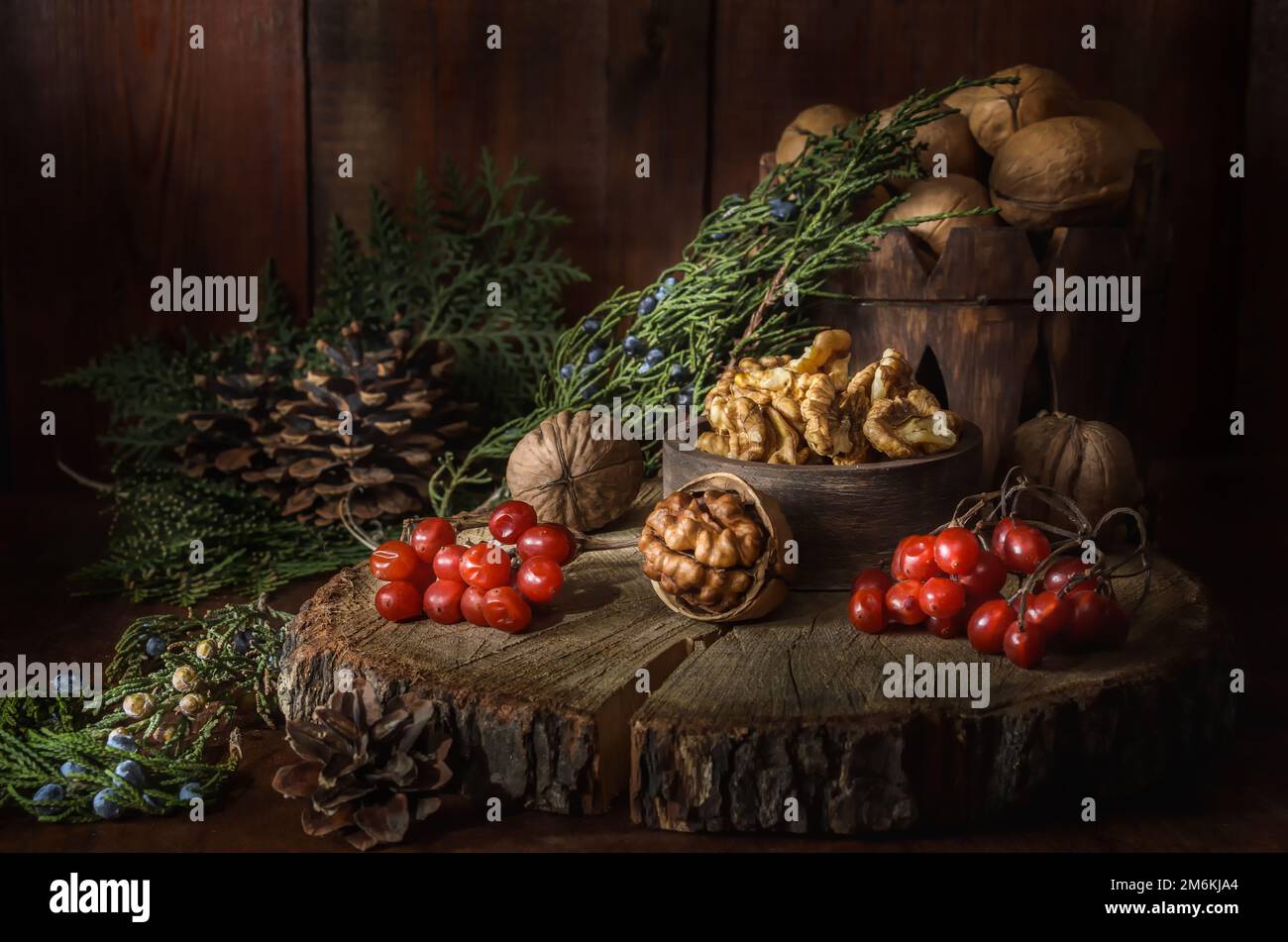 Kernel walnuts and other fruits on dark wooden background Stock Photo ...