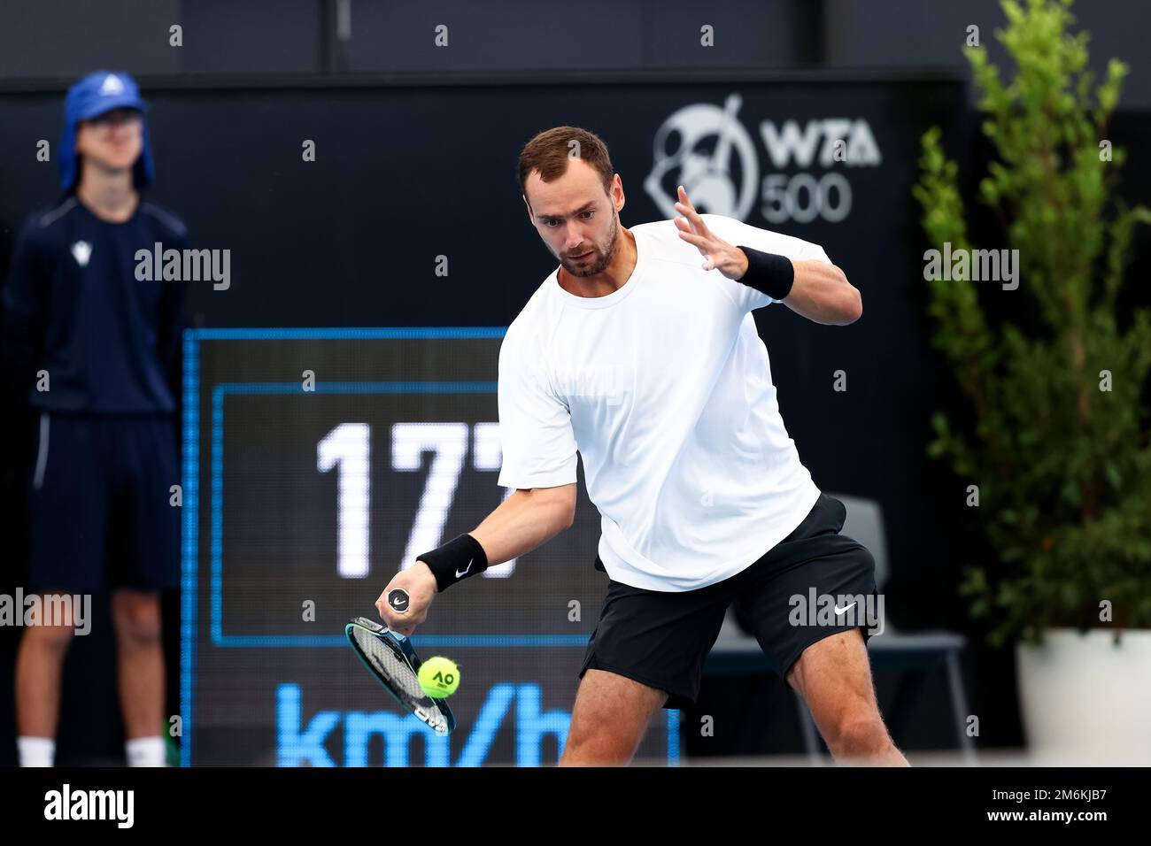Adelaide, Australia, 5 January, 2023. Roman Safiullin plays a forehand ...