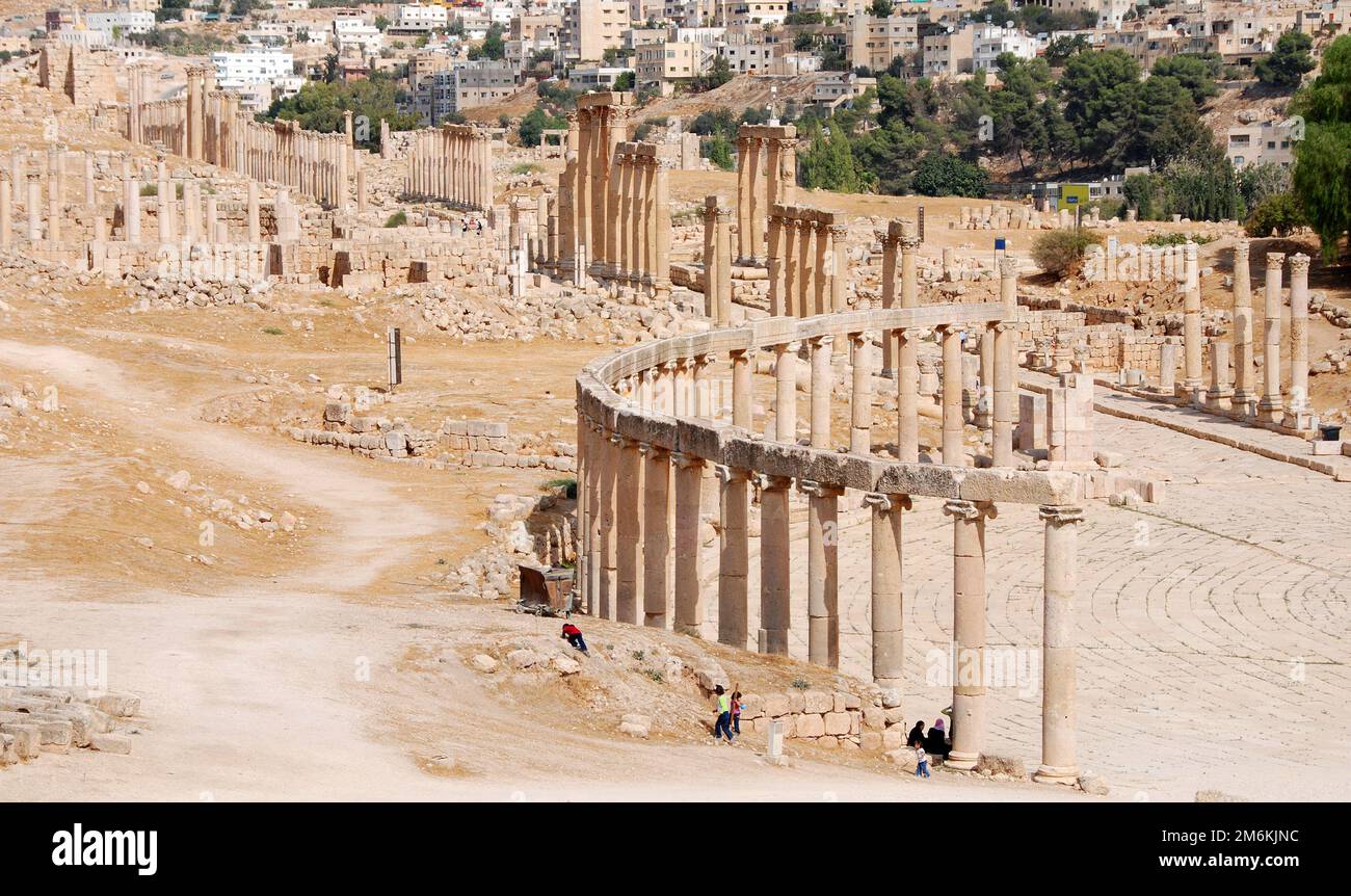 Ancient ruins of the Roman plaza in jerash ancient city in Jordan Asia ...
