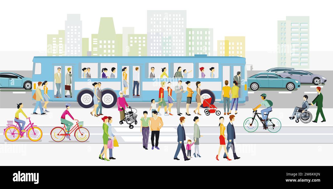 Road traffic with bus stop, pedestrians on zebra crossing and cyclists ...