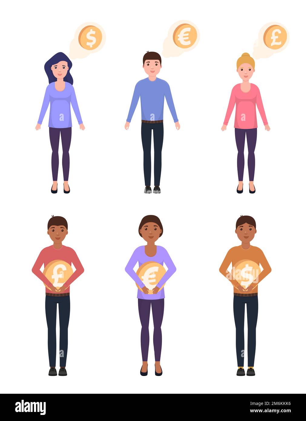 Vector illustration of people with money. Men and women interact with ...