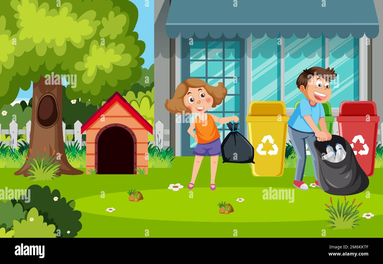 Kids collecting garbage outdoor scene illustration Stock Vector Image ...