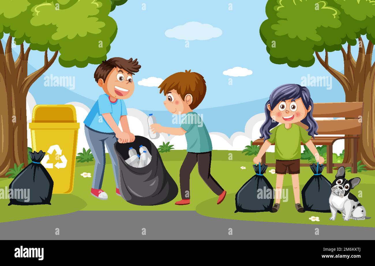 Cartoon kids collecting trash in the park illustration Stock Vector ...