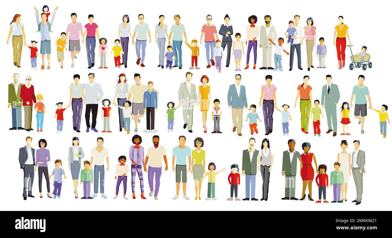 Parents and children, family groups isolated on white, illustration ...