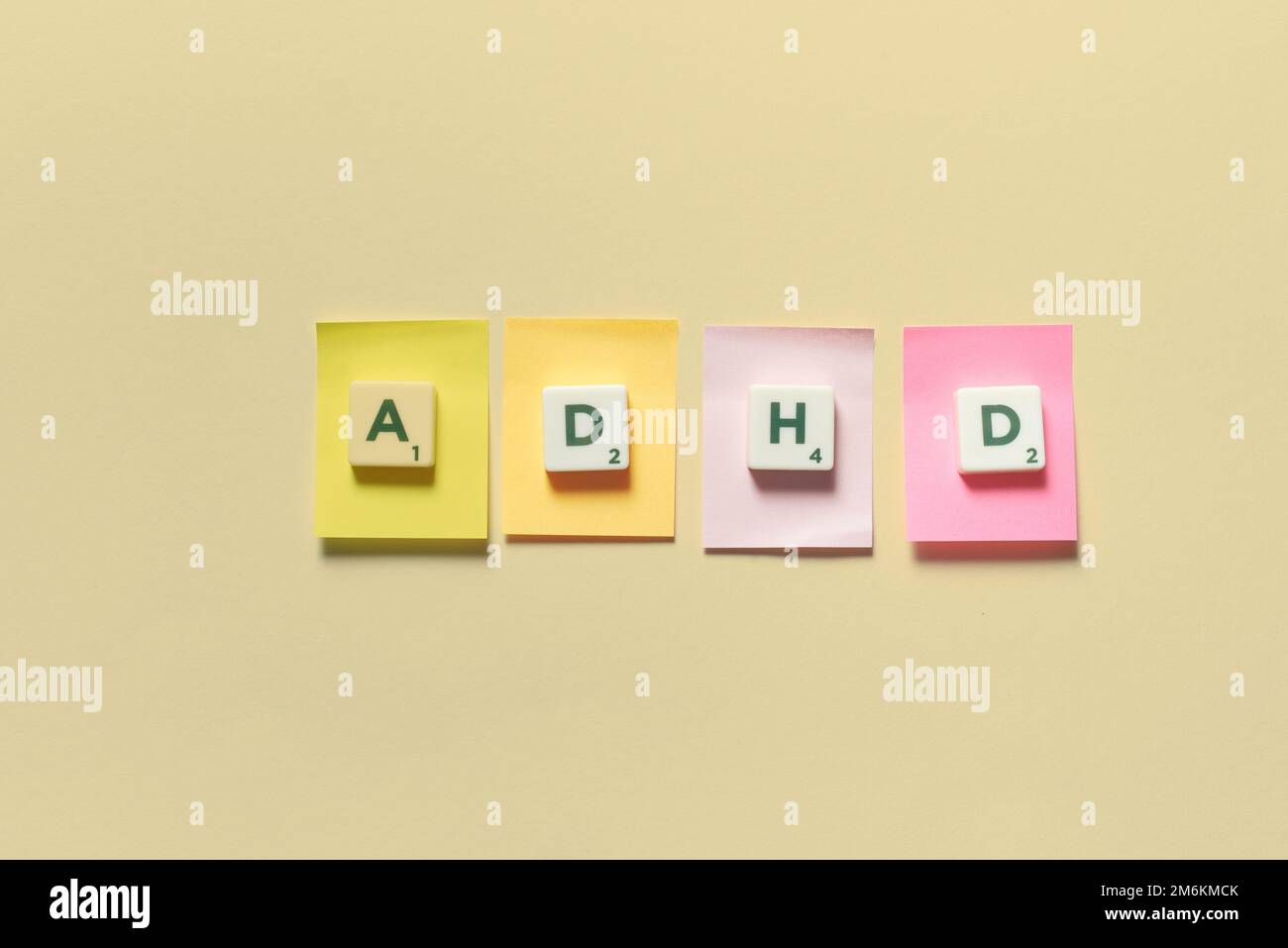 ADHD formed of scrabble tiles on sticky notes Stock Photo - Alamy
