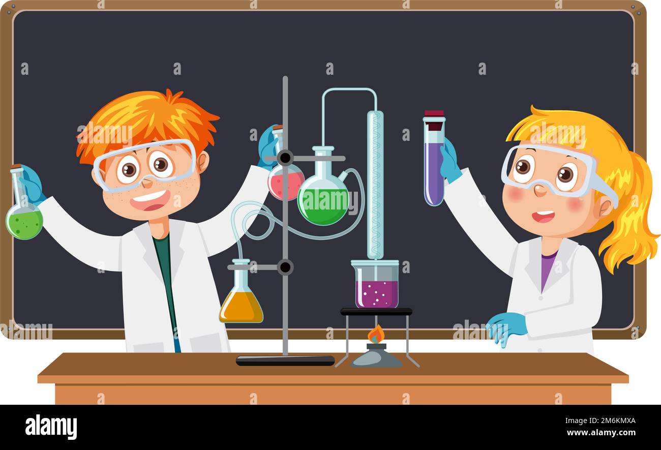 Blank blackboard with scientist boy and girl experiment illustration ...